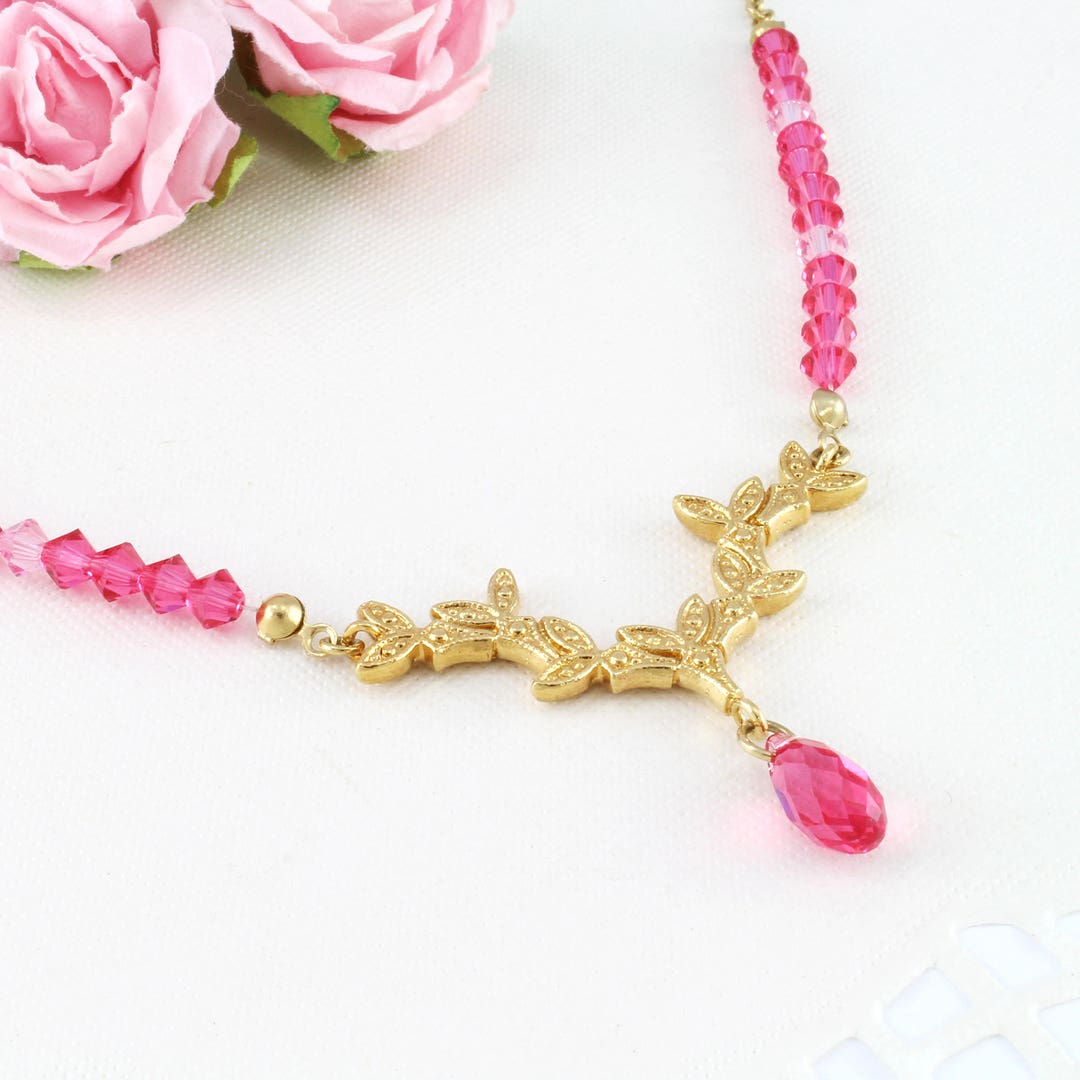 Pink Statement Necklace With Gold and Hot Pink Crystals, Pink Lover ...