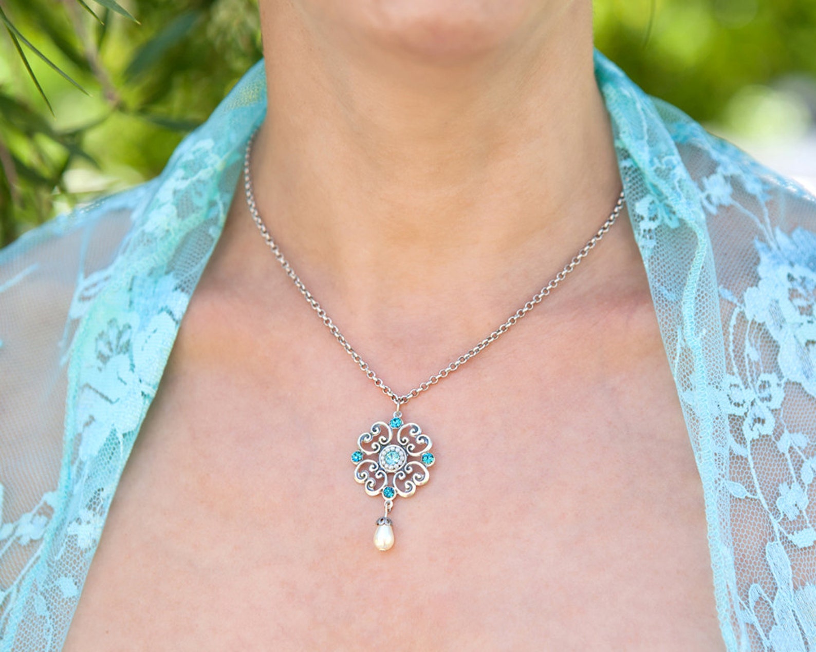 Blue Crystal Necklace Blue Crystal Pendant Silver Blue - Etsy