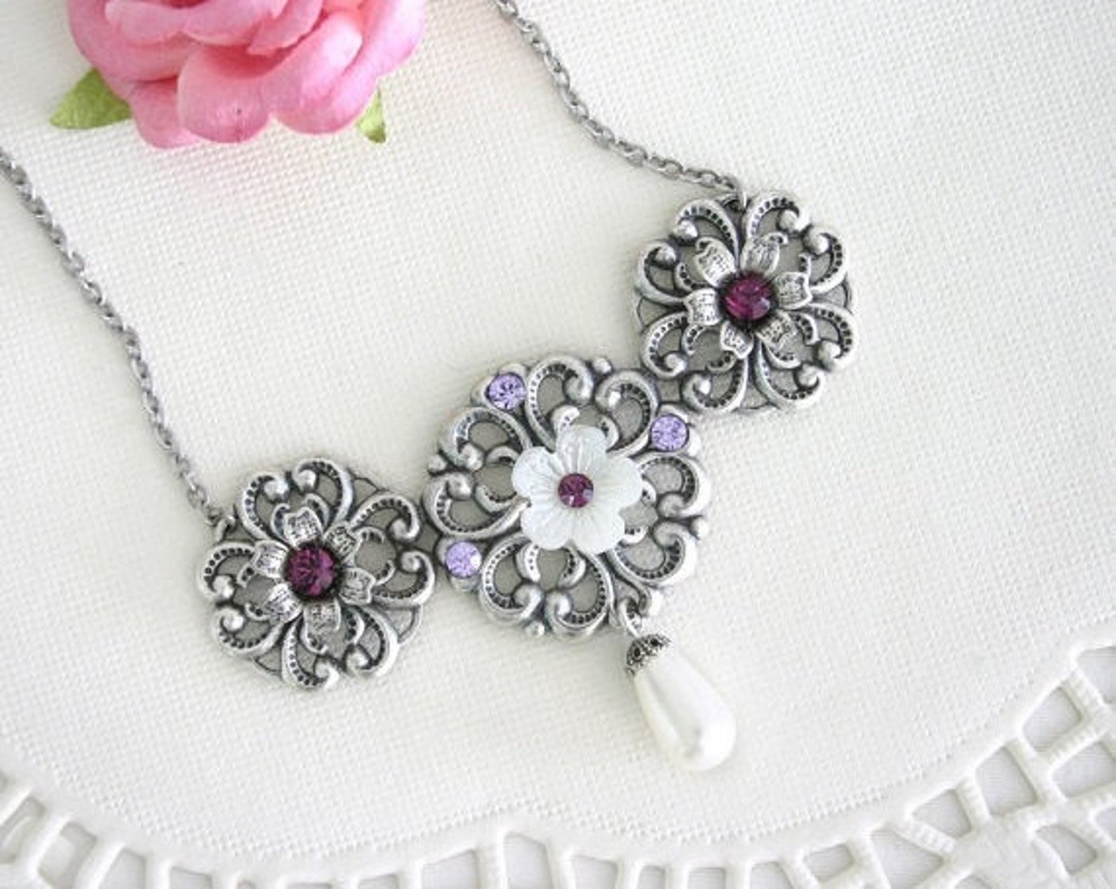 Flower Jewelry Set - Silver Flower Necklace With Crystals + Silver ...