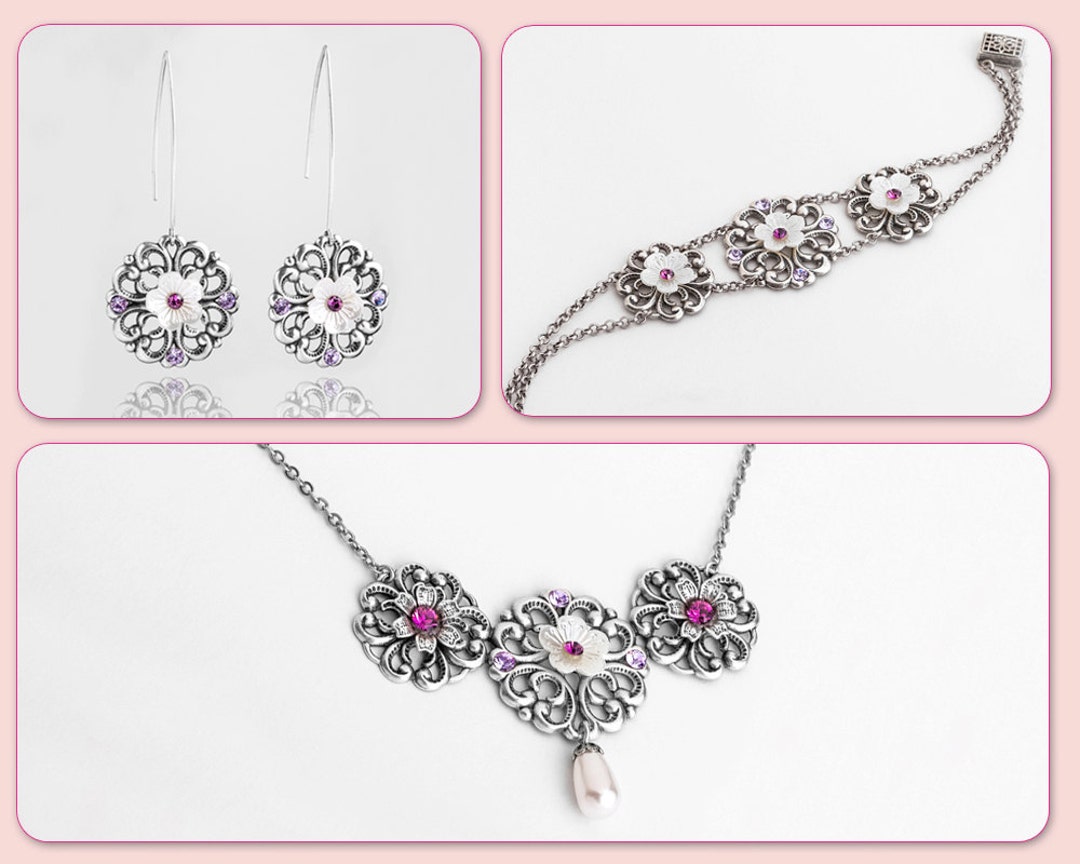 Flower Jewelry Set - Silver Flower Necklace With Crystals + Silver ...
