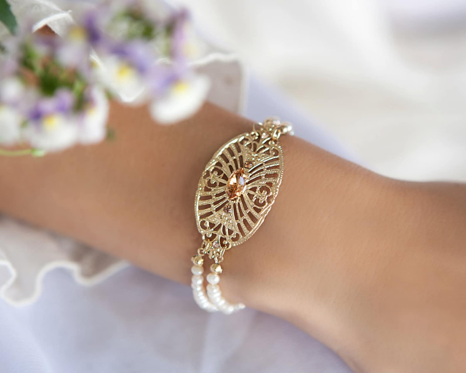 Gold Bridal Bracelet, Pearl Bridal Jewelry, Bridal Bracelet, Gold and ...