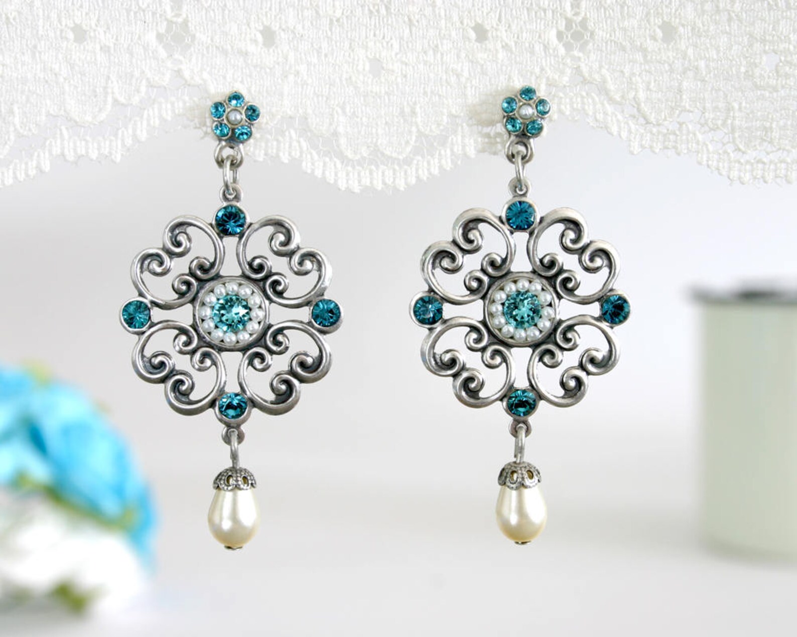 Blue Crystal Necklace Blue Crystal Pendant Silver Blue - Etsy