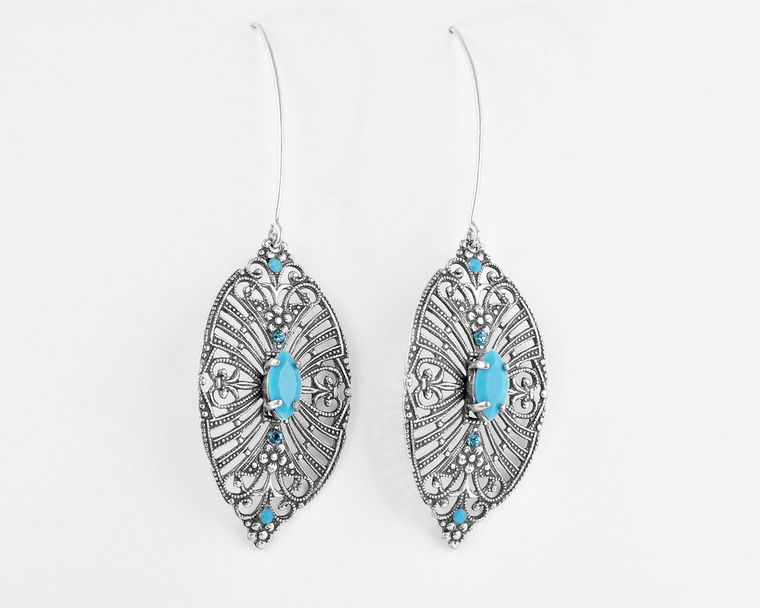 Long Silver Filigree Leaf Earrings With Turquoise – Silver Crystal Earrings - Ethnic Silver Long ...