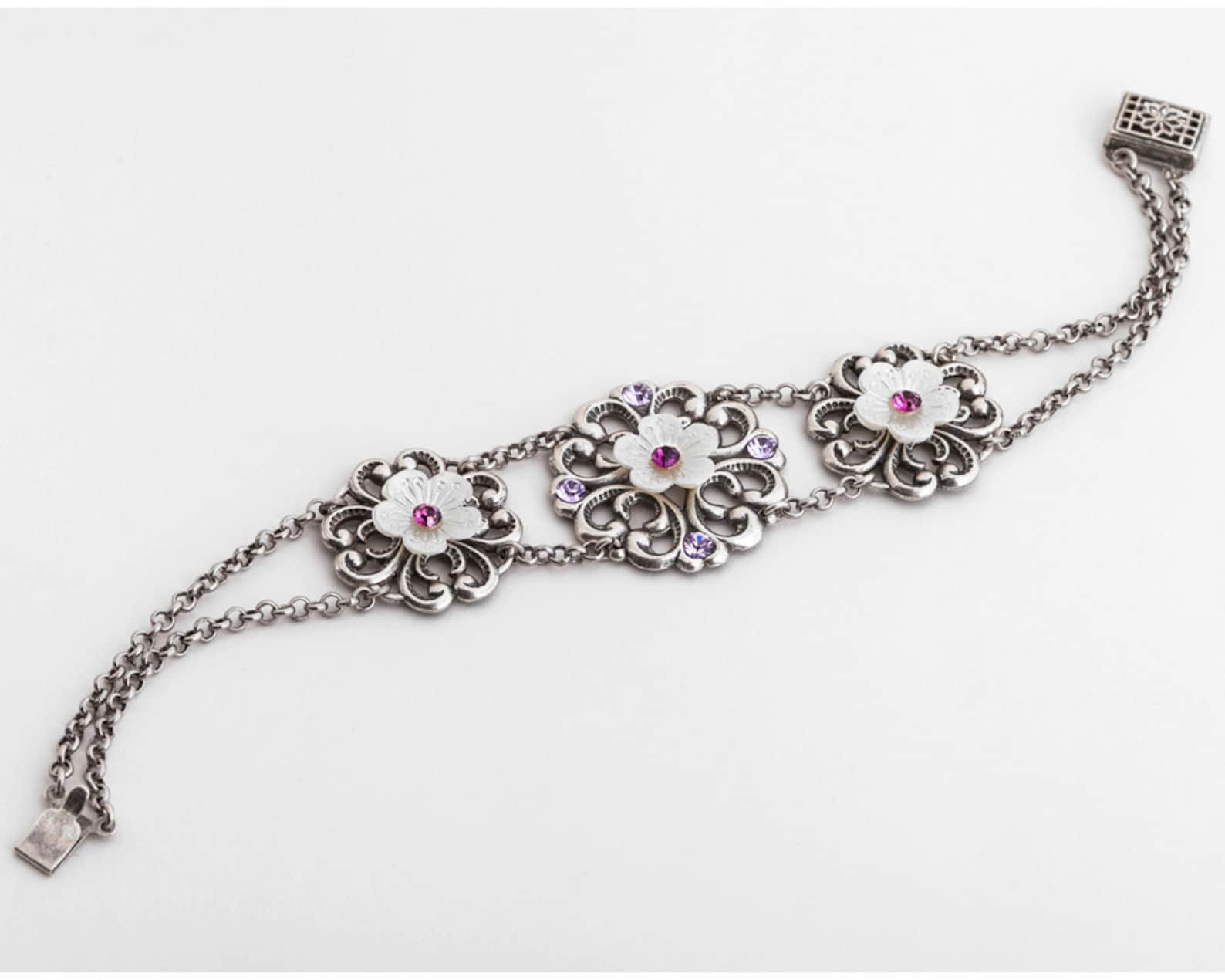 Flower Jewelry Set Silver Flower Necklace With Crystals - Etsy