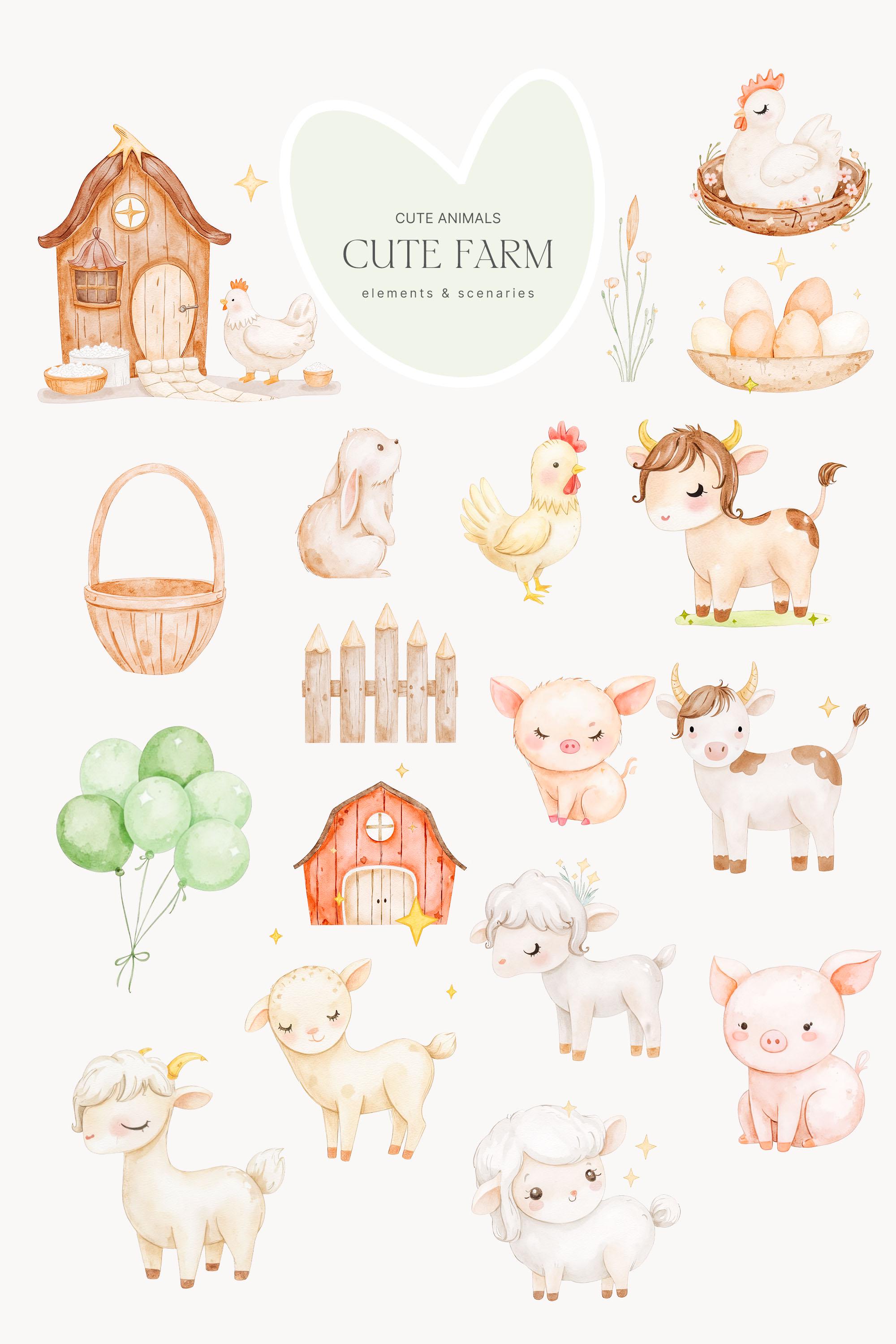 Cute Farm Watercolor Clipart - Watercolor Farm Animals - Animal Clipart ...
