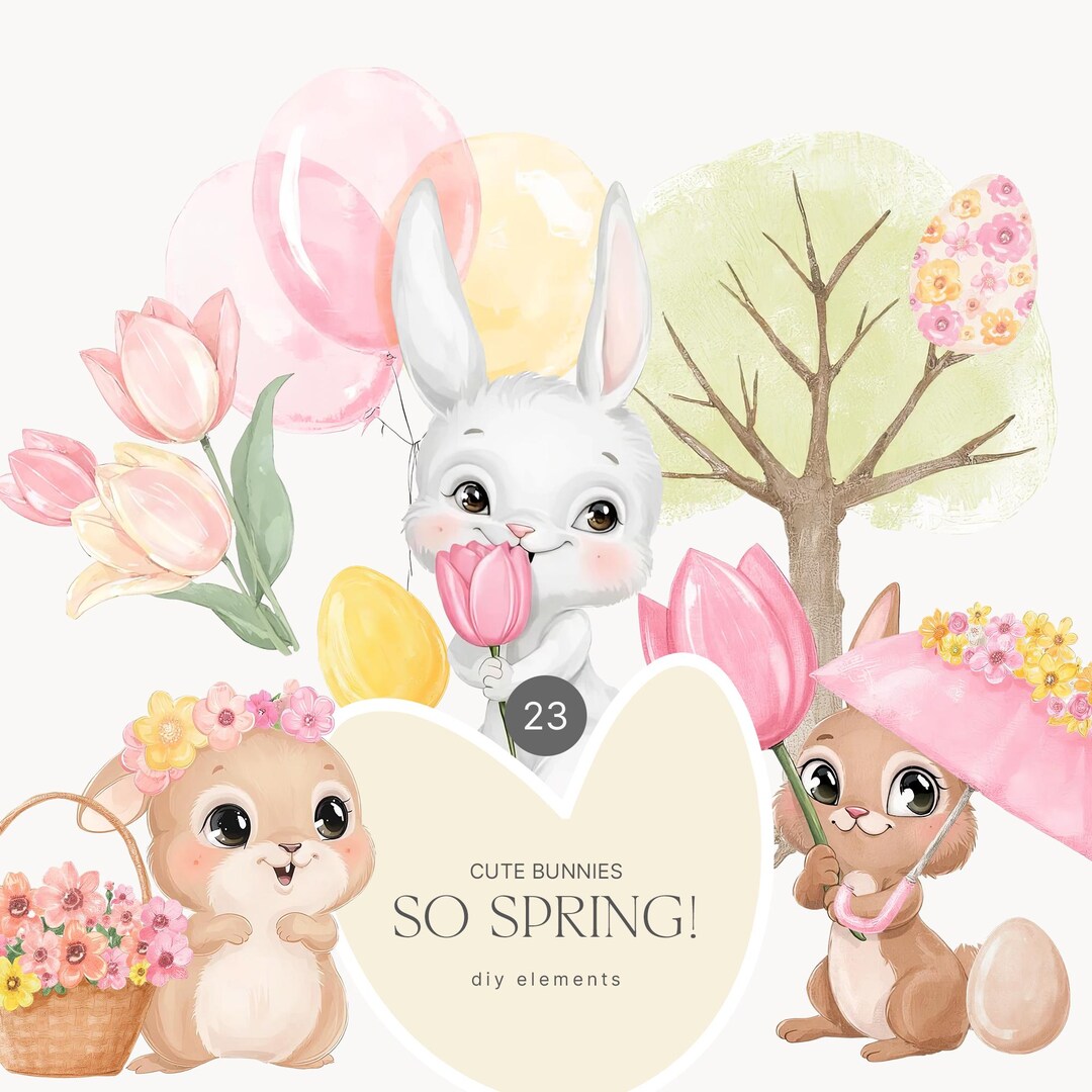 Watercolor Spring Bunnies Clipart Set - Tulip Bouquets - Spring ...