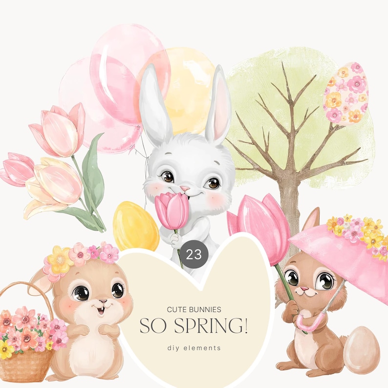 Watercolor Spring Bunnies Clipart Set - Tulip Bouquets - Spring ...