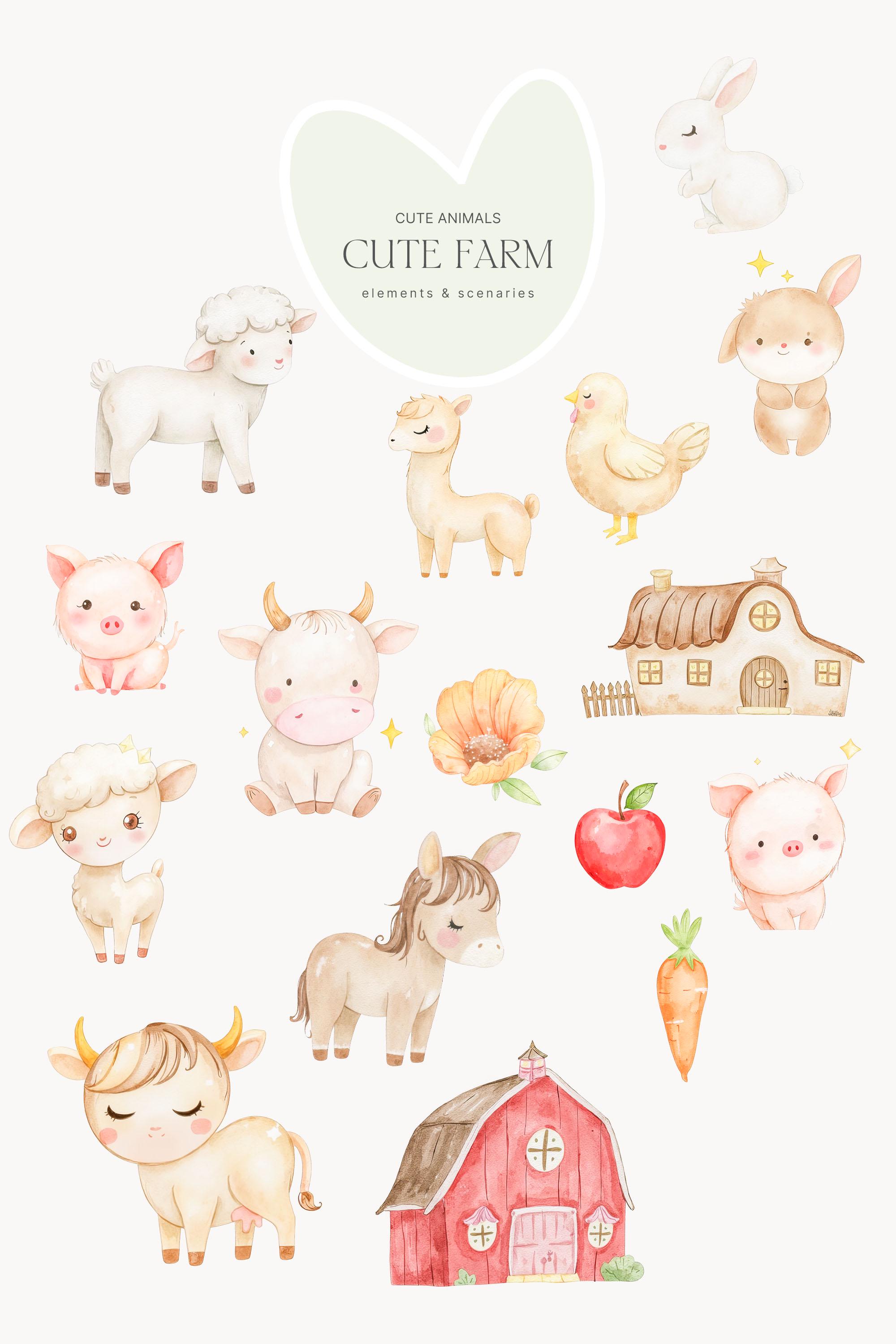 Cute Farm Watercolor Clipart - Watercolor Farm Animals - Animal Clipart ...
