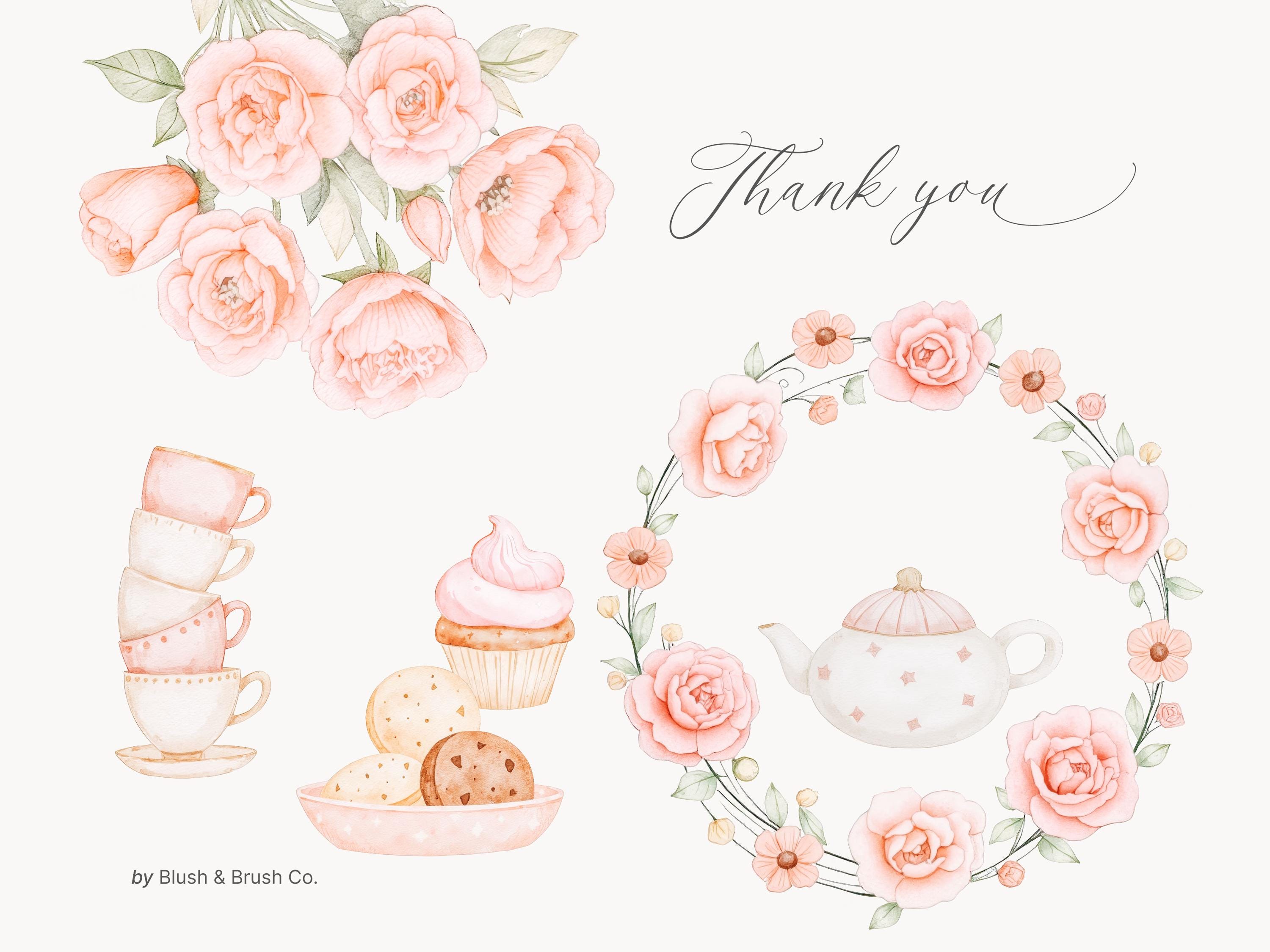 Cute Watercolor Tea Party Clipart - Dusty Pink Tea Party - Pink Clipart ...