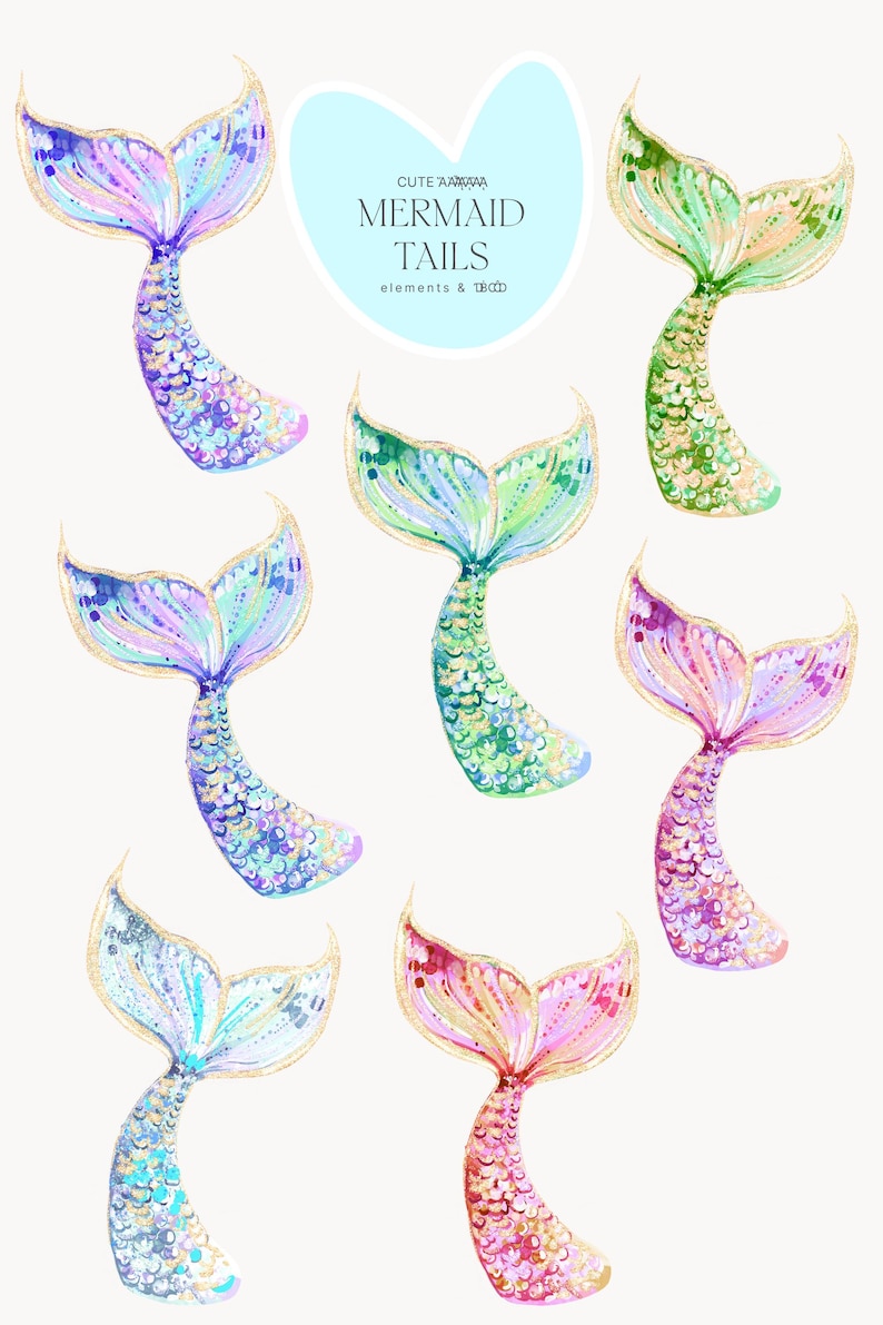 Watercolor & Glitter Mermaid Tails - Mermaid Clipart Set - Glitter ...