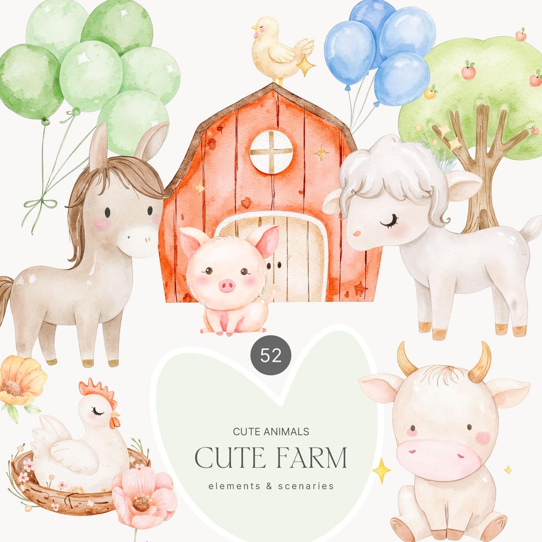Cute Farm Watercolor Clipart - Watercolor Farm Animals - Animal Clipart ...