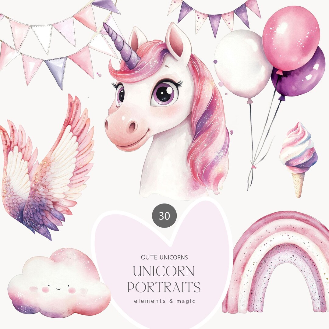 Cute Watercolor Unicorn Portraits - Watercolor Unicorn Clipart - Party ...