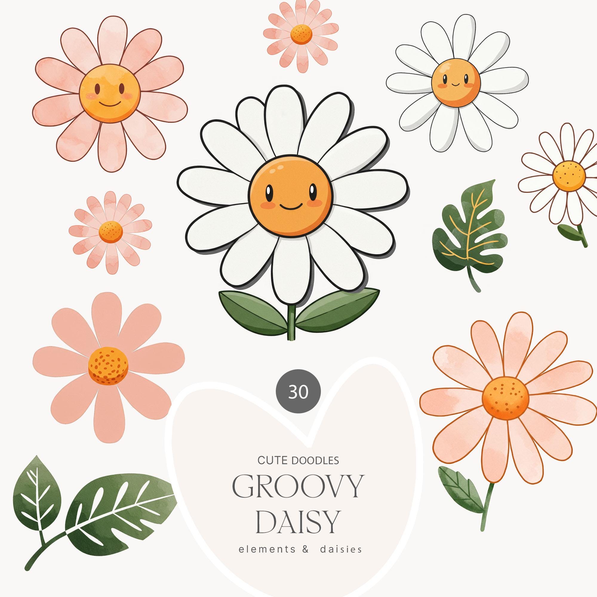 Groovy Daisy Doodle Clipart - Watercolor Daisies - Groovy Clipart ...