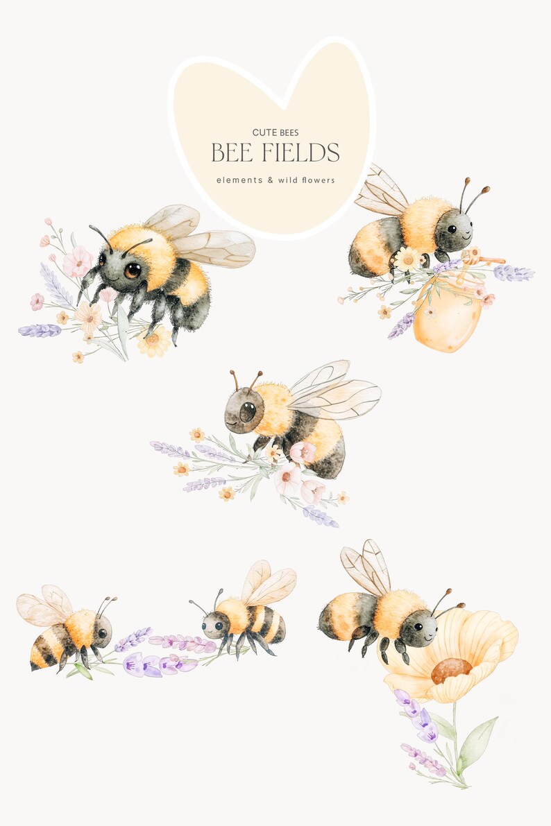 Cute Watercolor Bee Clipart - Wild Flowers & Bees - Honey Clipart ...