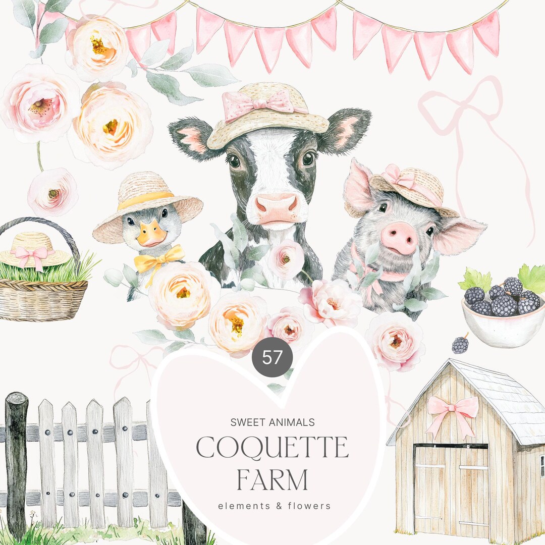 Coquette Floral Farm Clipart Set - Farm Animals - Coquette Bows - Pink ...
