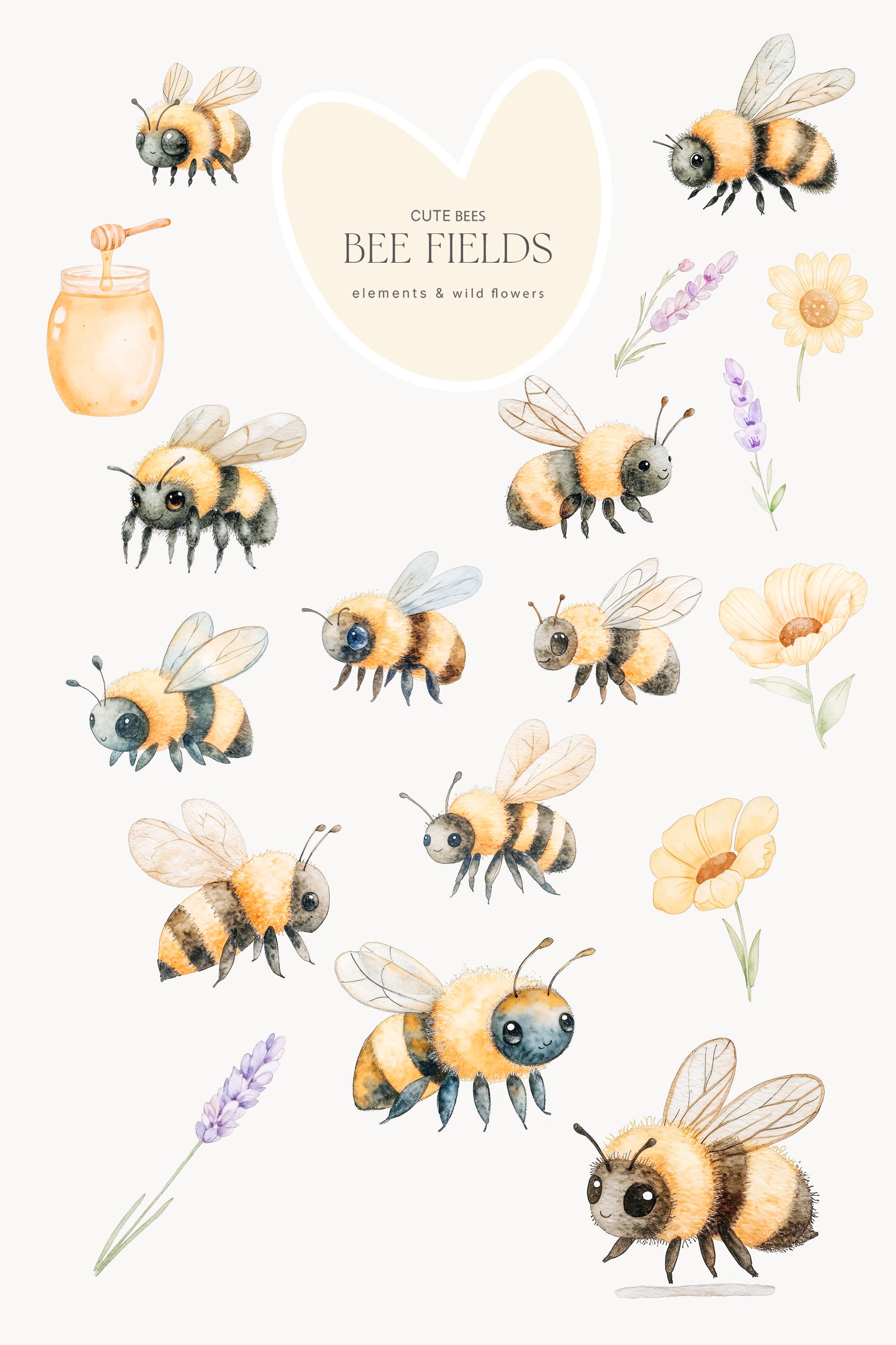 Cute Watercolor Bee Clipart - Wild Flowers & Bees - Honey Clipart ...