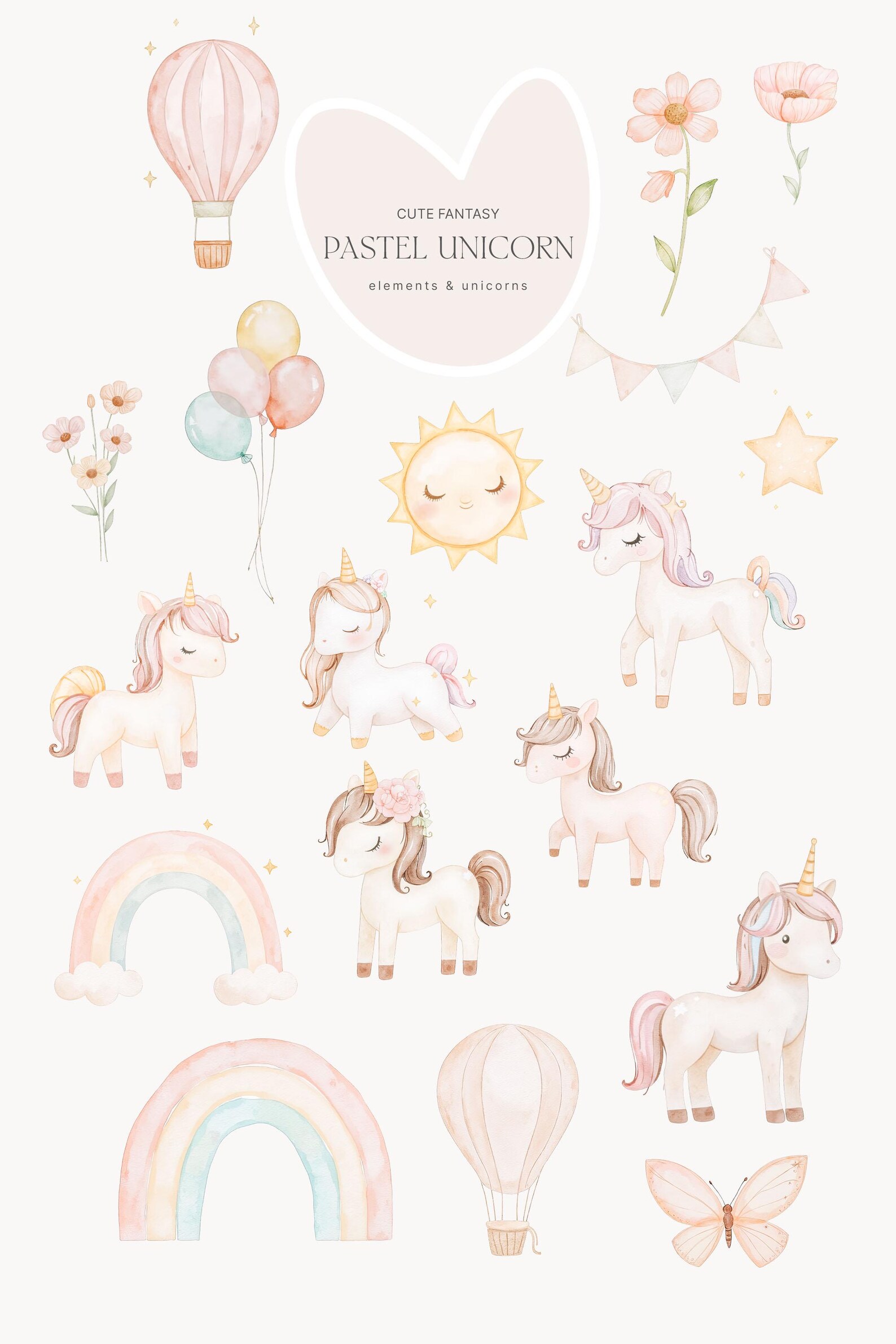 Pastel Unicorn Watercolor Clipart - Cute Unicorns - Clipart for Kids ...