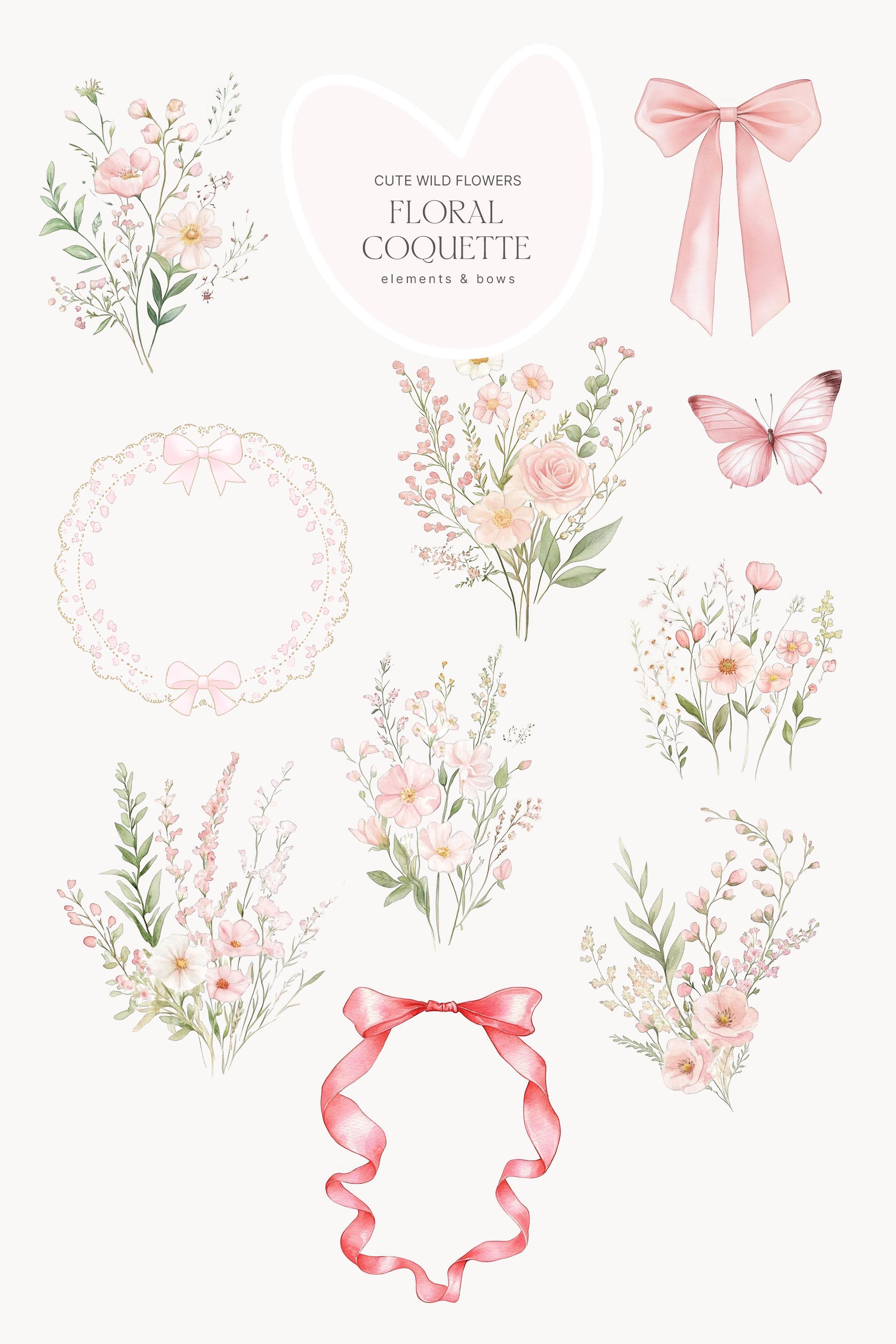 Wild Flower & Coquette Clipart - Pink Ribbons - Blush Wild Flowers ...