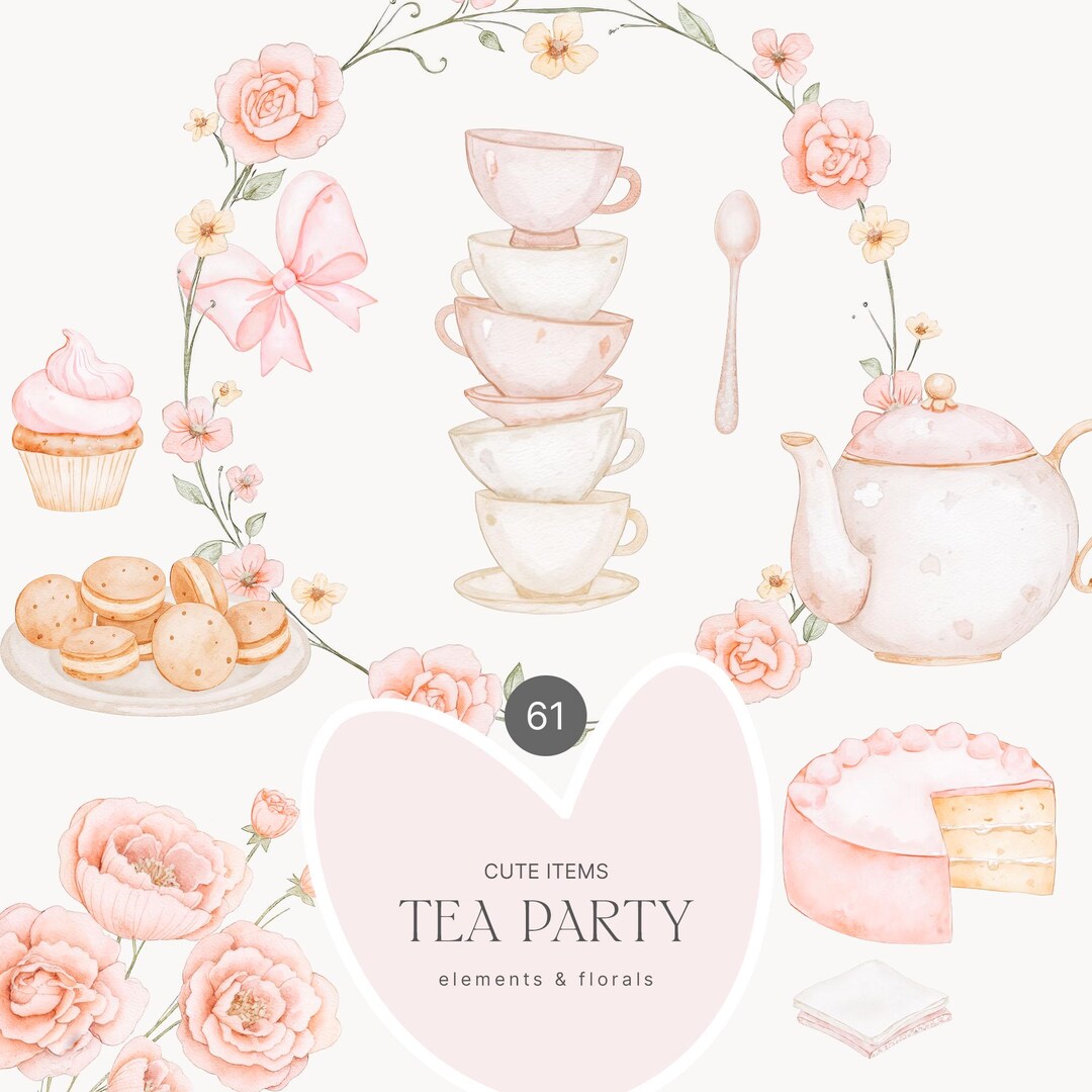 Cute Watercolor Tea Party Clipart - Dusty Pink Tea Party - Pink Clipart ...