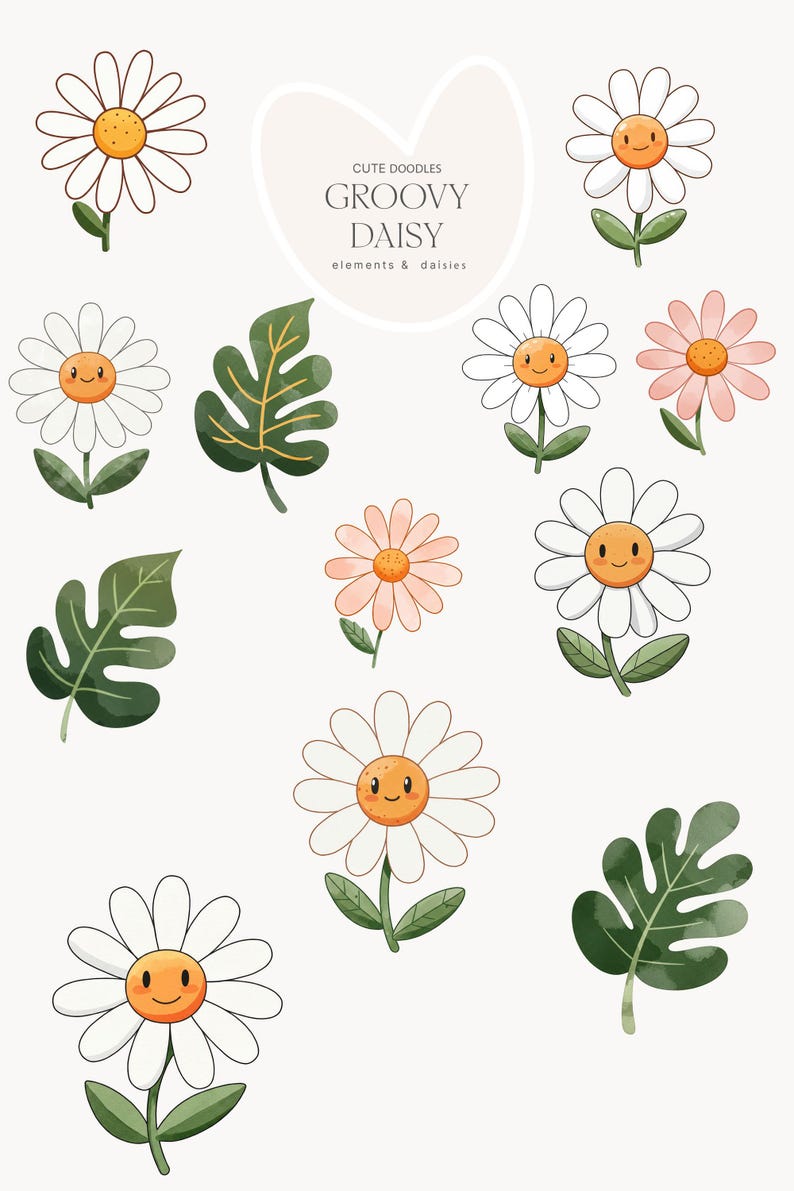 Groovy Daisy Doodle Clipart - Watercolor Daisies - Groovy Clipart ...