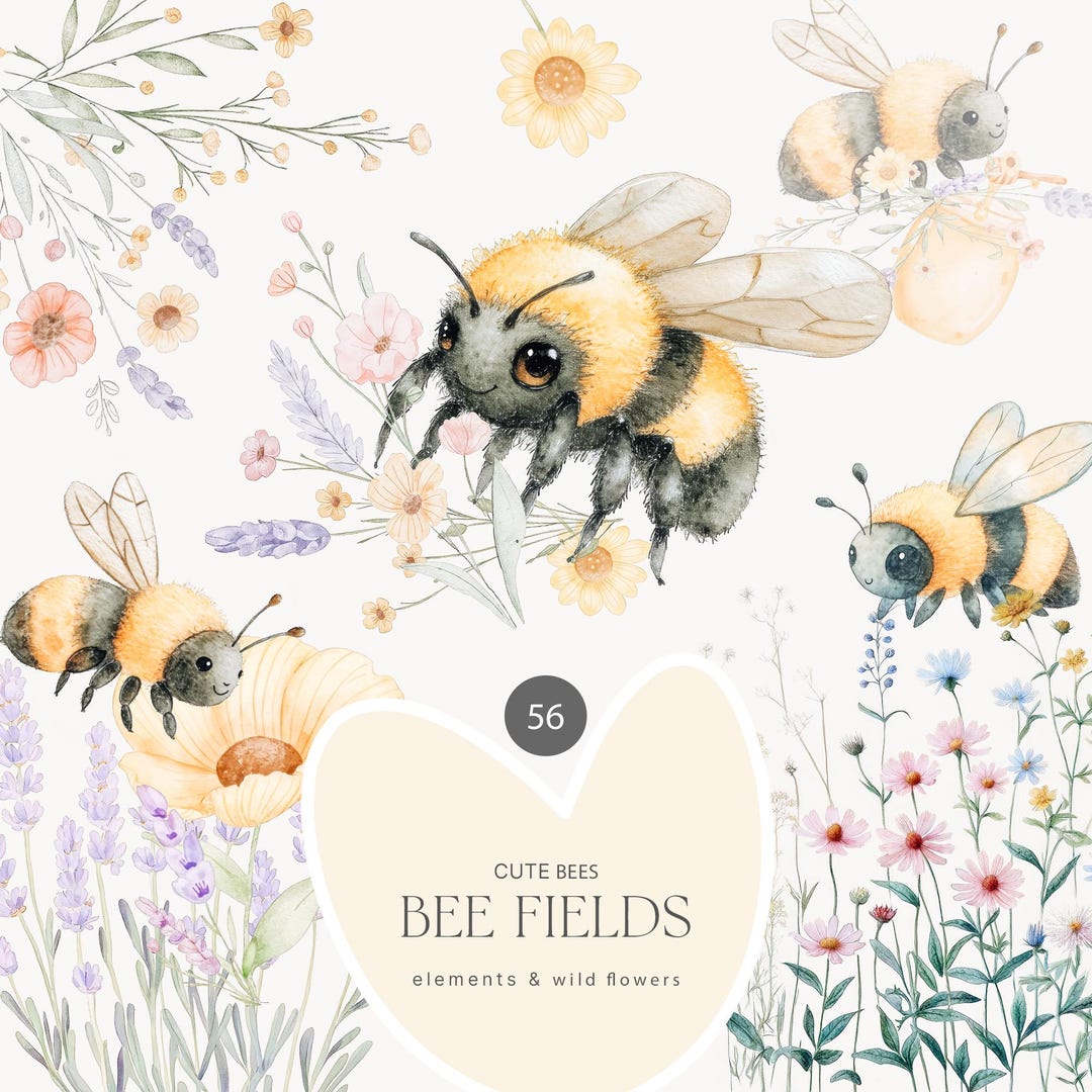 Cute Watercolor Bee Clipart - Wild Flowers & Bees - Honey Clipart ...