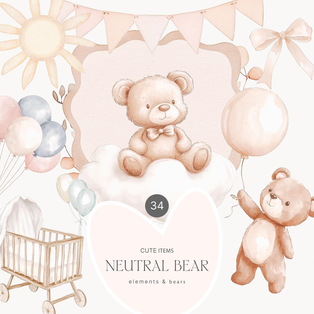 Neutral Bear Watercolor Clipart Set - Neutral Baby Clipart - Clipart ...