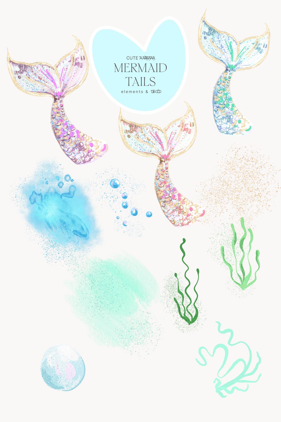 Watercolor & Glitter Mermaid Tails - Mermaid Clipart Set - Glitter ...