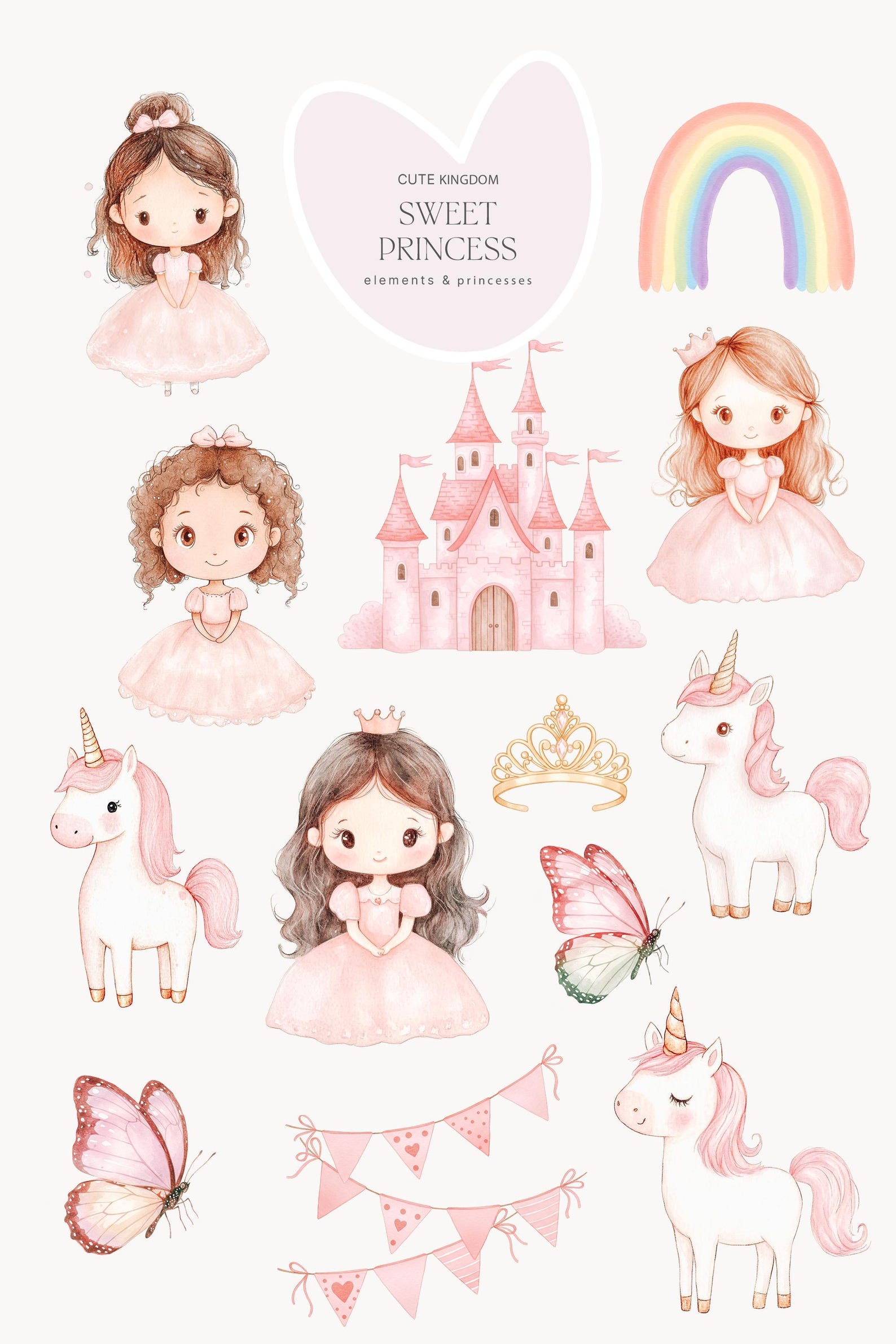 Pink Princess & Unicorn Clipart - Cute Kingdom Clipart - Unicorn ...
