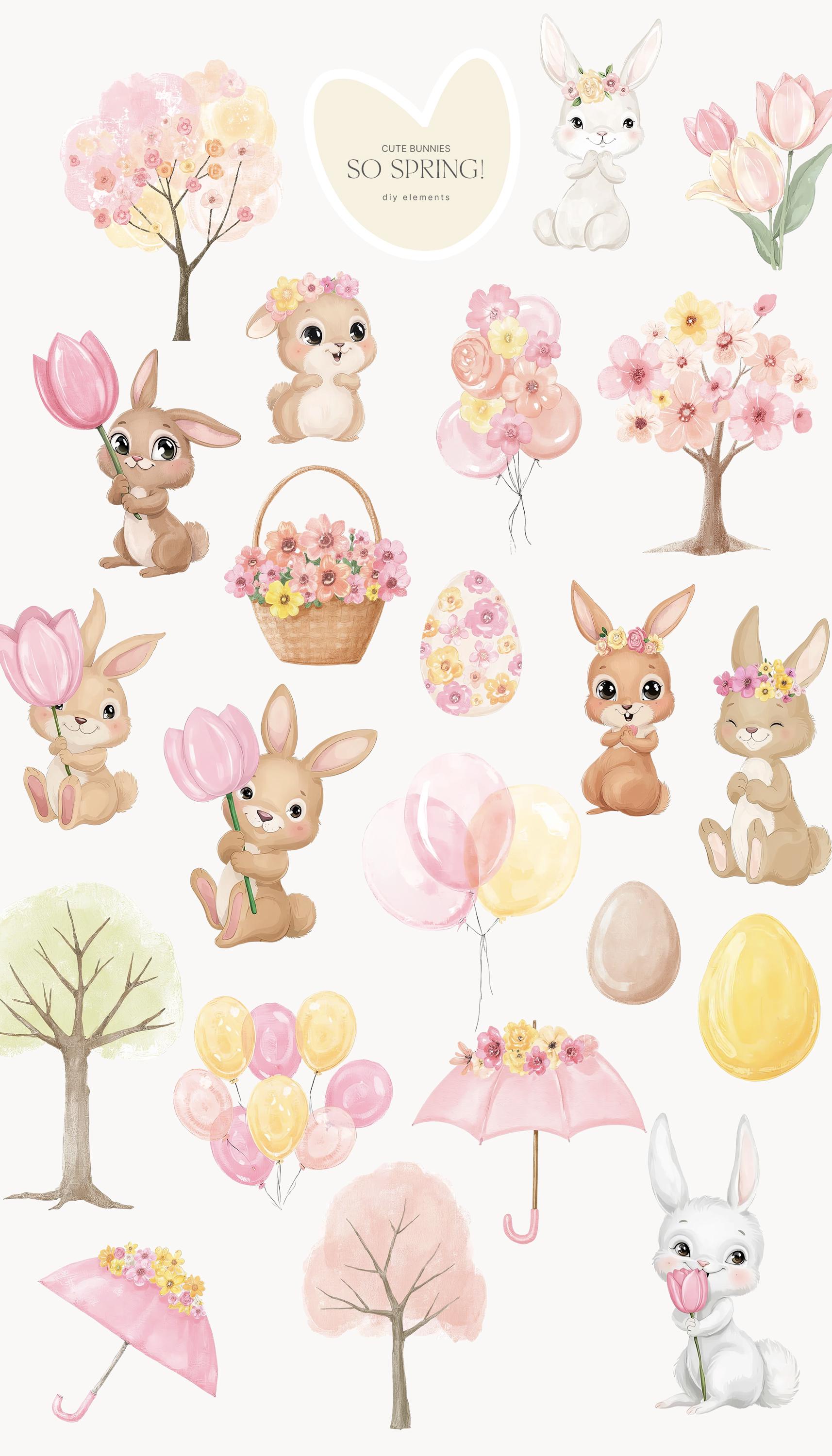 Watercolor Spring Bunnies Clipart Set - Tulip Bouquets - Spring ...