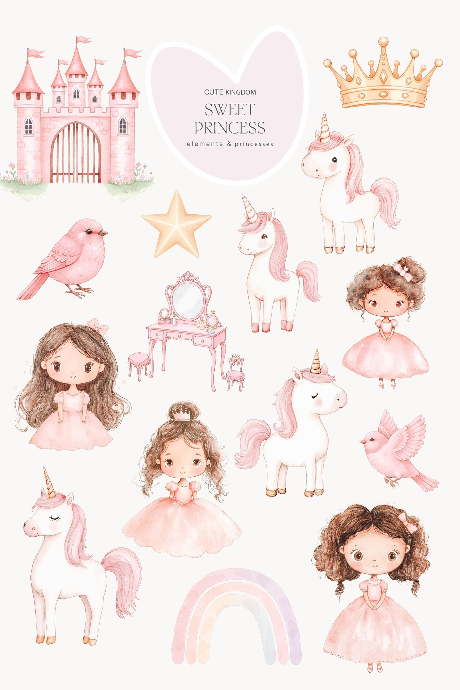 Pink Princess & Unicorn Clipart - Cute Kingdom Clipart - Unicorn ...