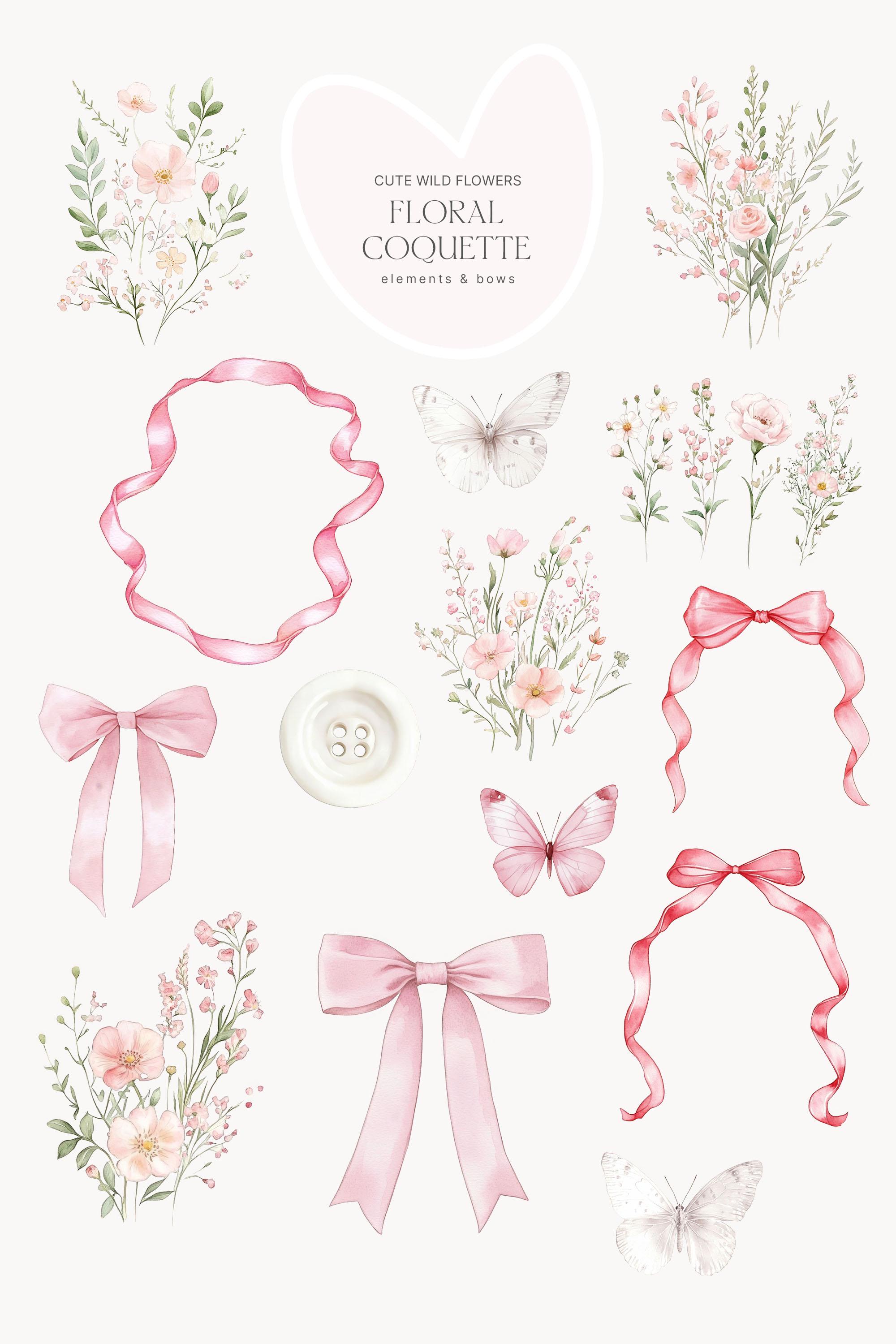 Wild Flower & Coquette Clipart - Pink Ribbons - Blush Wild Flowers ...