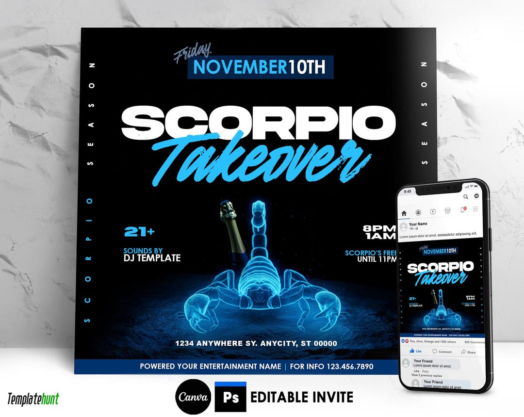 Editable Scorpio Takeover Flyer Template, Scorpio Party Invitation ...