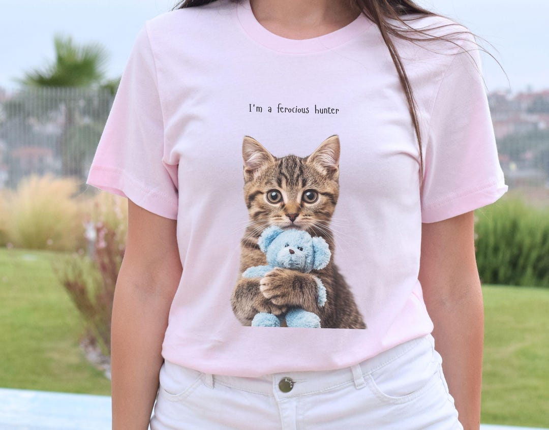Cute Cats Shirt, Cat Hugging Teddy Bear T-shirt, Cute Ferocious Hunter ...