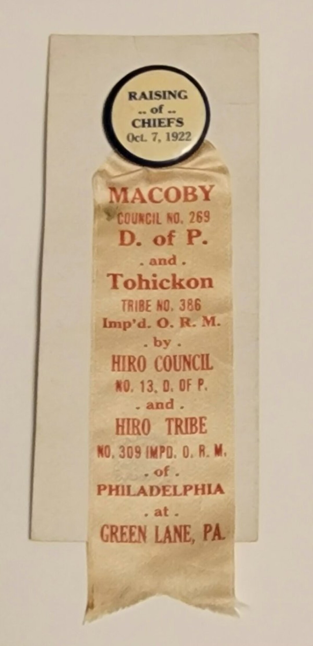 Vtg 1922 Degree Pocahontas Improved Order Red Men Green Lane PA Hiro ...