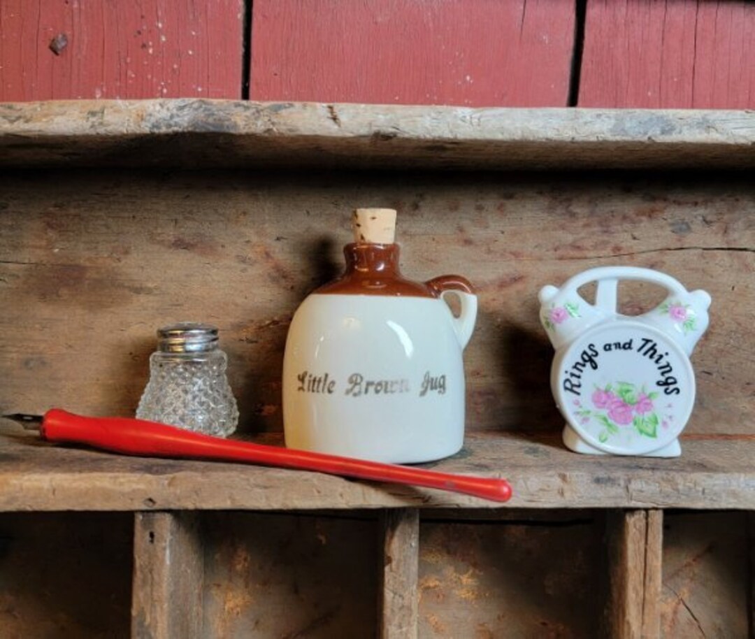 Vintage Junk Drawer Lot Minis Fountain Pen Stoneware Jug Ring Holder ...