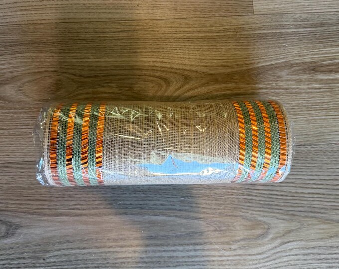 10” Beige, Green Deco Mesh Roll With Gold Foil Stripes – Fall Wreath ...