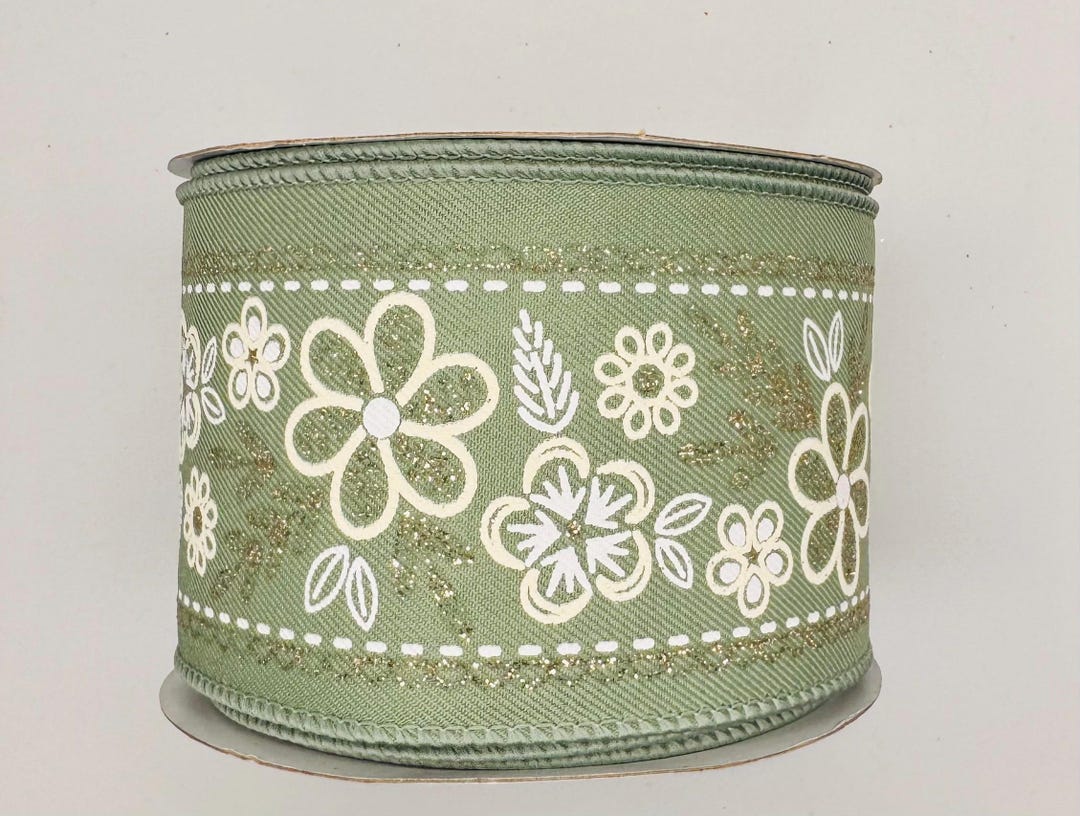 2.5 Sage Green With White Floral Ribbon (10yards). Spring Ribbon ...