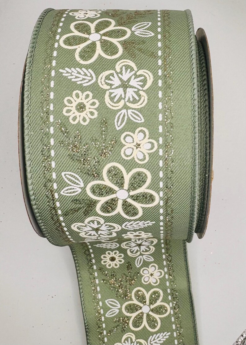 2.5 Sage Green With White Floral Ribbon (10yards). Spring Ribbon ...