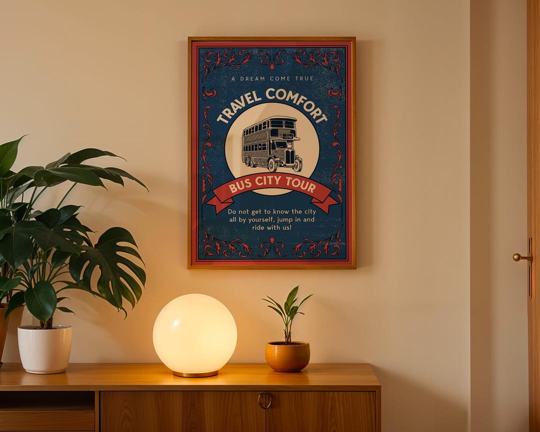 Vintage Bus Travel Poster - Retro City Tour Print, Classic Double ...