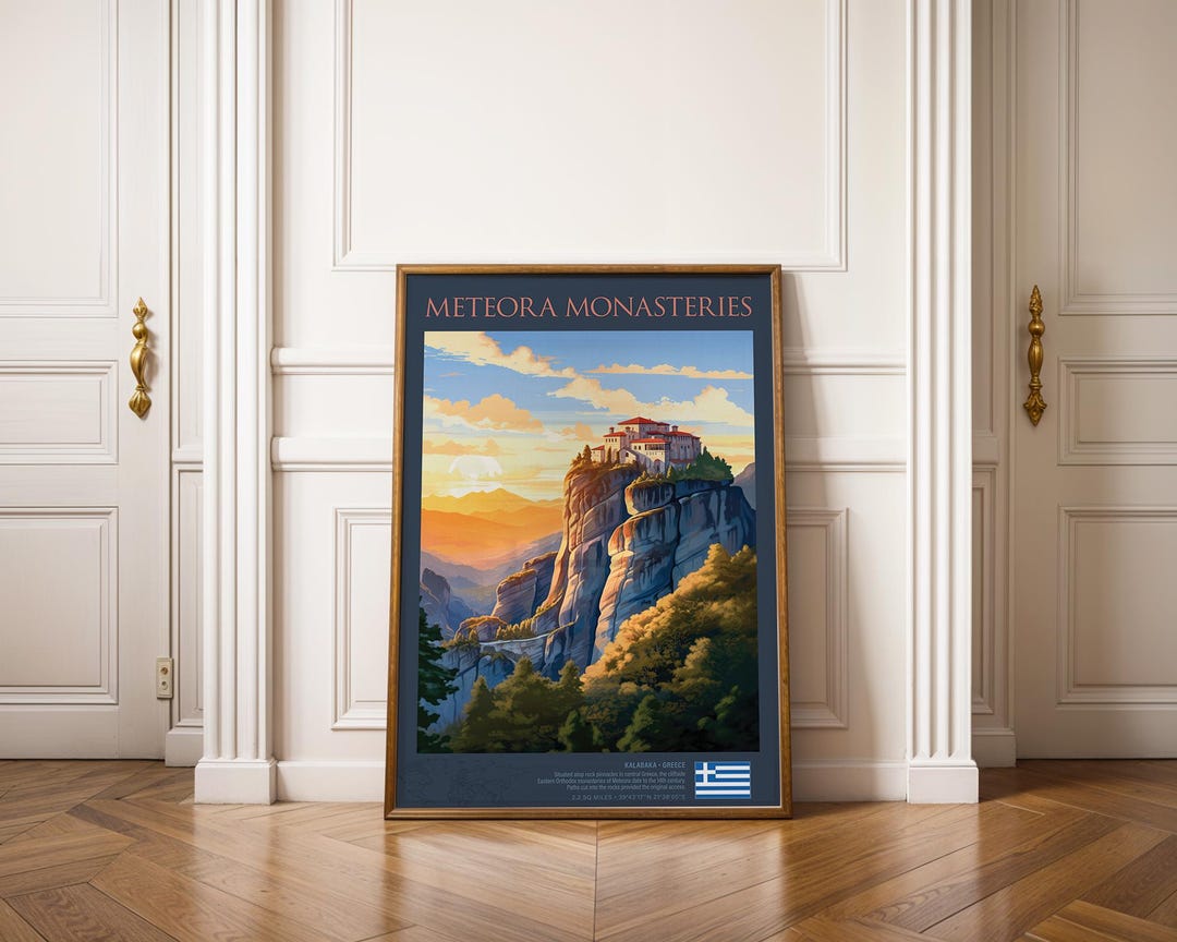 Meteora Greece Travel Poster | Byzantine Monastery Wall Art | Sunset ...