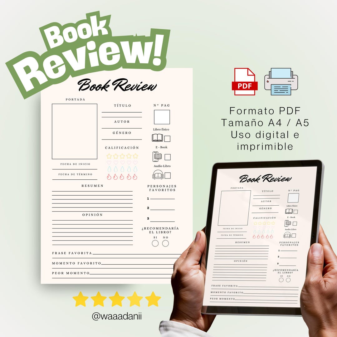 Book Review, Downloadable and Printable Template, A4 / A5 Size ...