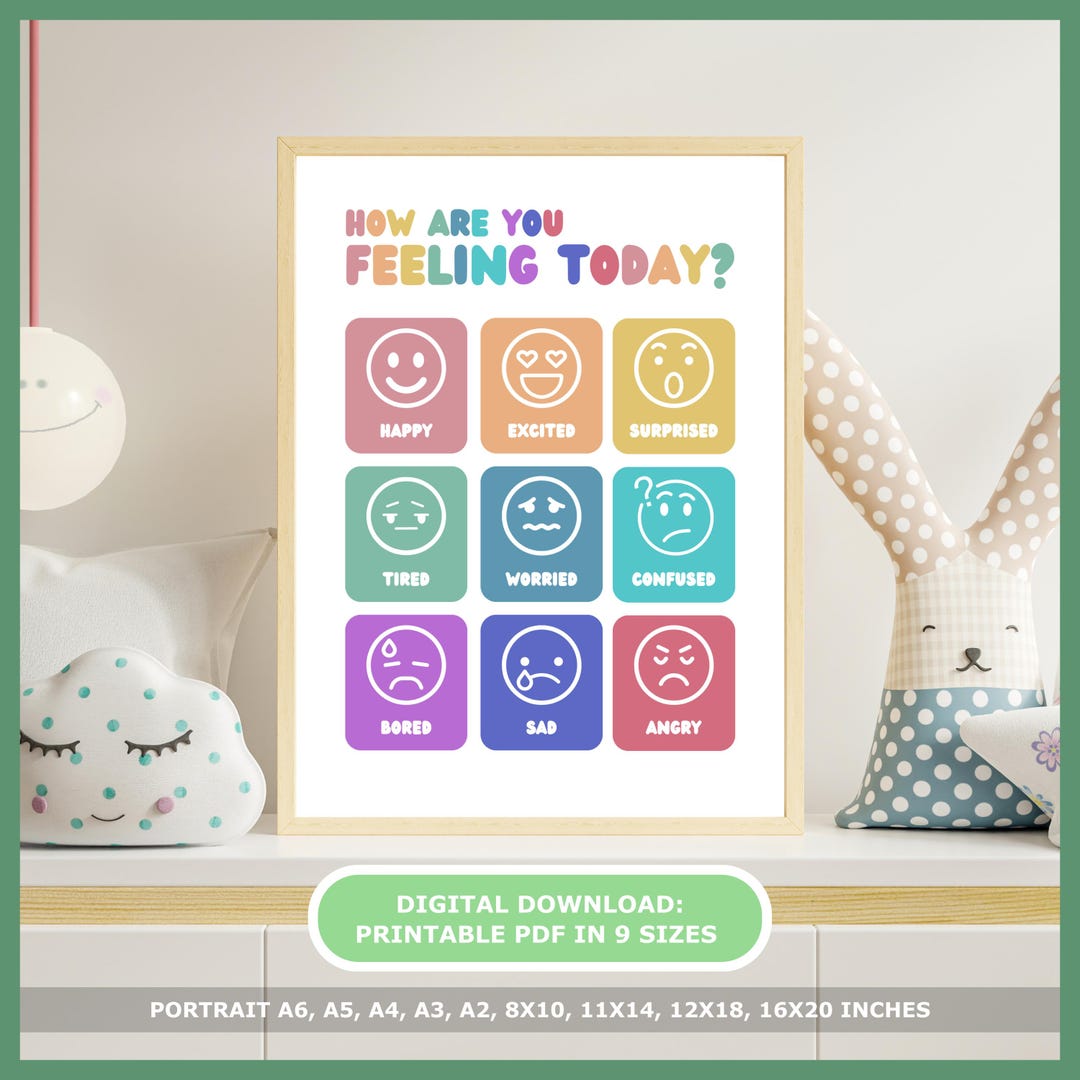 Emotions & Feelings Wall Art Poster Chart, Kids Emoji Mood Meter ...