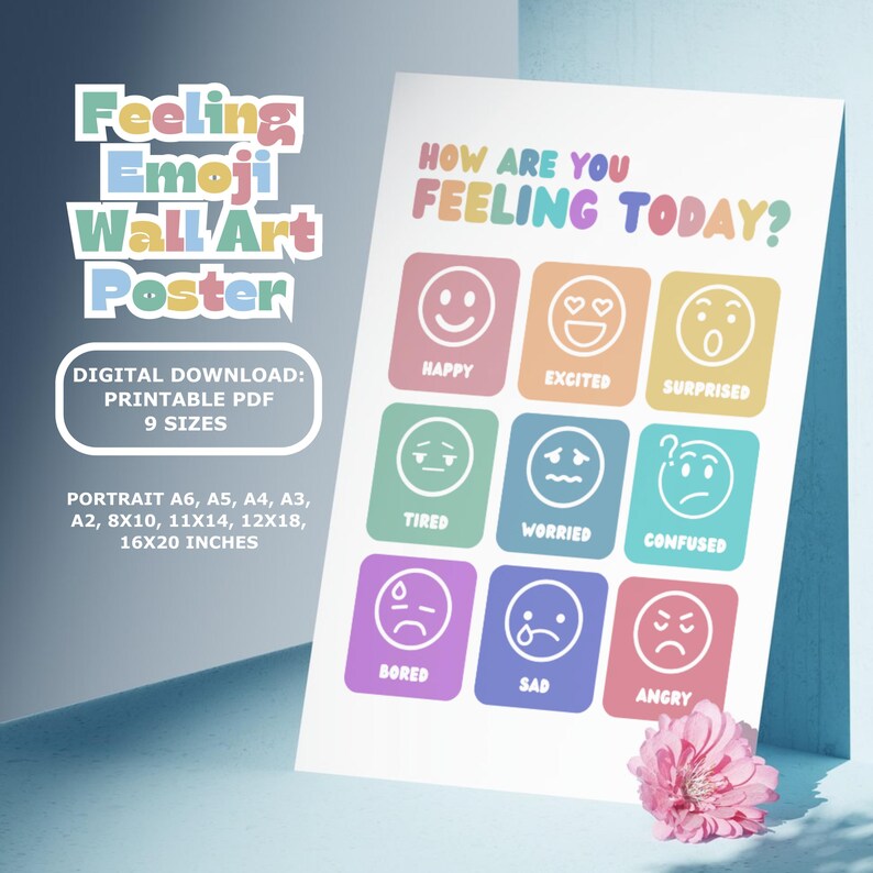 Emotions & Feelings Wall Art Poster Chart, Kids Emoji Mood Meter ...