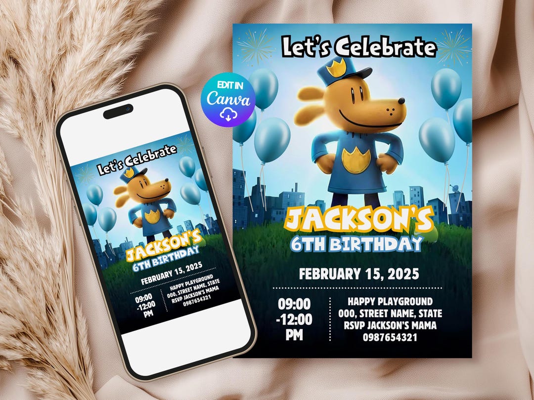 Editable Dog Man Birthday Invitation, Dog Man Invitation, Editable Kids ...