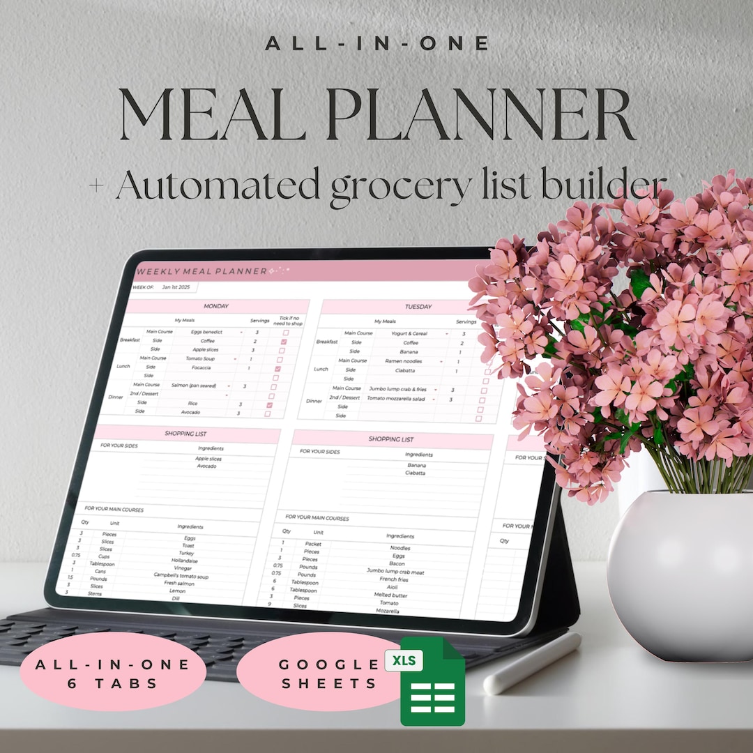 Weekly Meal Planner and Grocery List | Google Sheets Digital Template ...