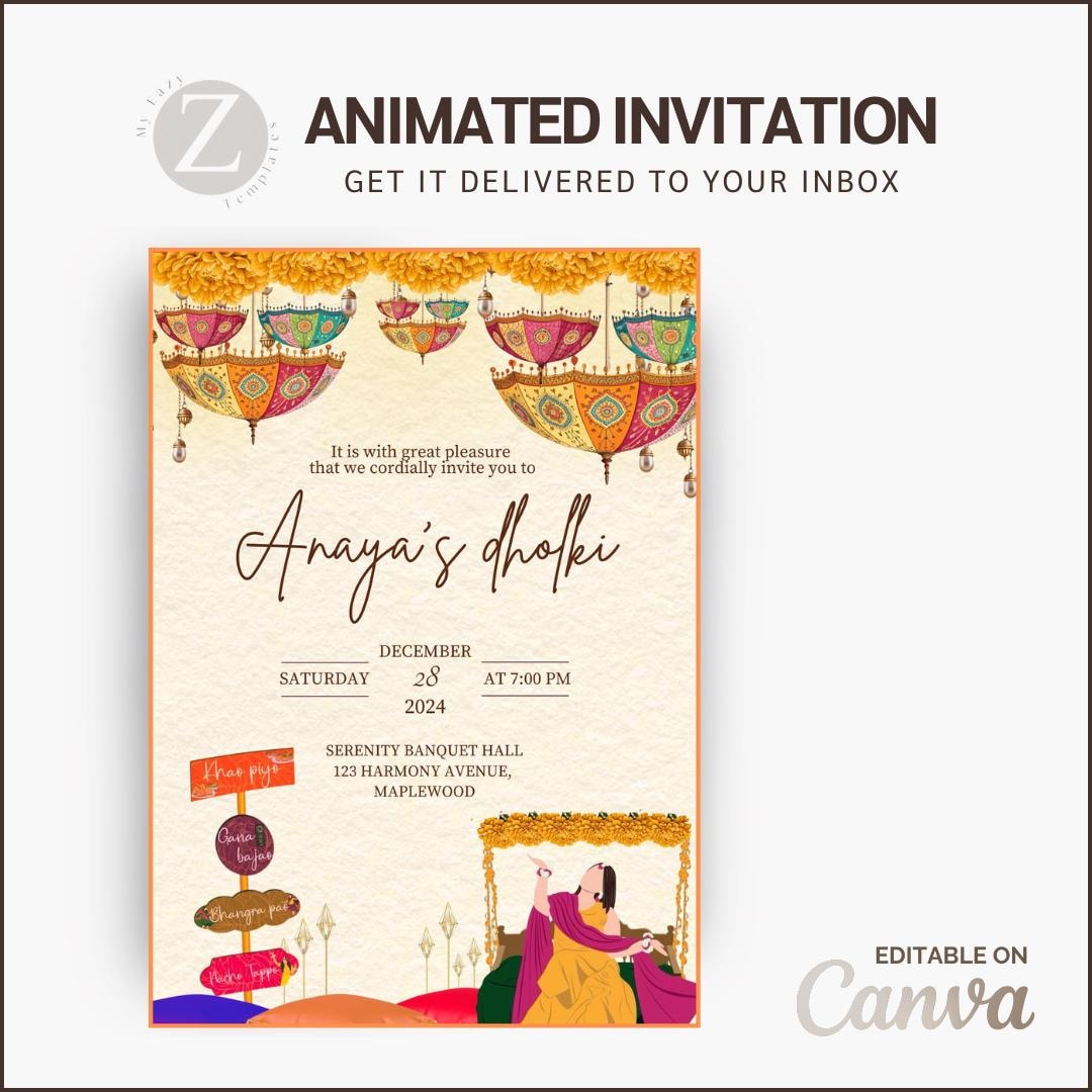 Animated Dholki Invitation Template Orange Pink Mehndi Editable on ...