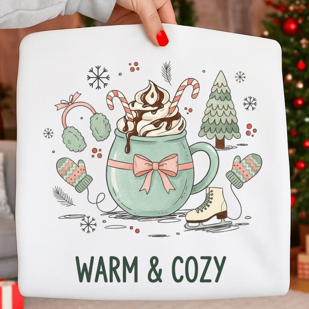Warm & Cozy Winter PNG, Whimsical Hot Cocoa With Mittens, Ice Skates ...