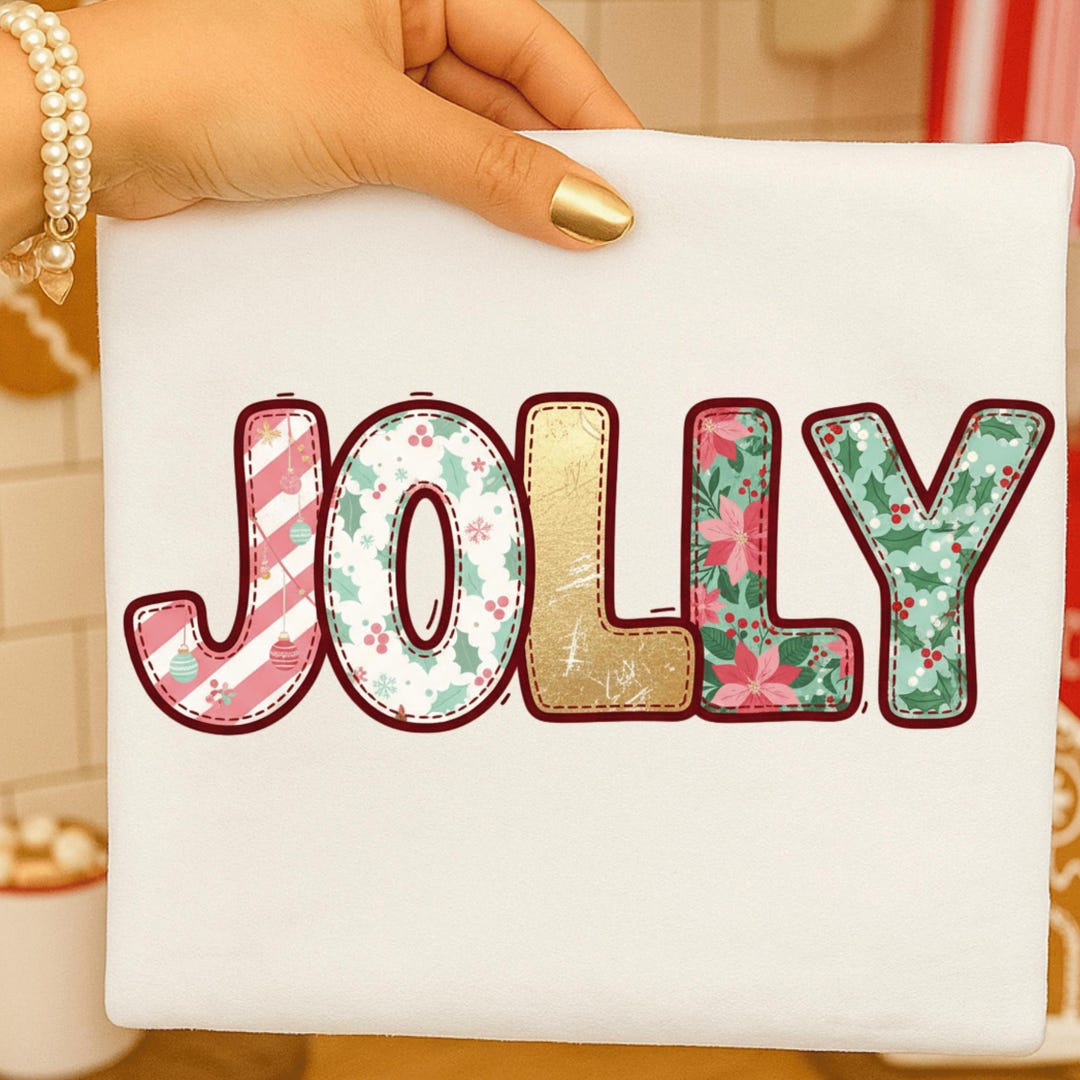 JOLLY Christmas PNG, Patterned Applique Letter Design, Retro Pink ...