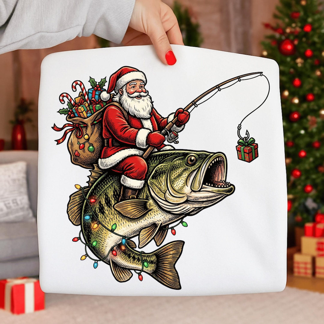Fishing Santa PNG, Santa Riding Bass Fish Christmas PNG, Funny Holiday ...