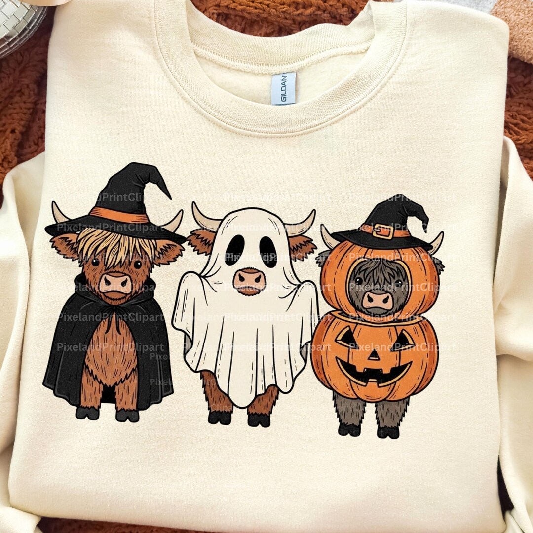 Highland Cow Halloween PNG, Cute Cow Ghost Pumpkin Witch Clipart, Farm ...
